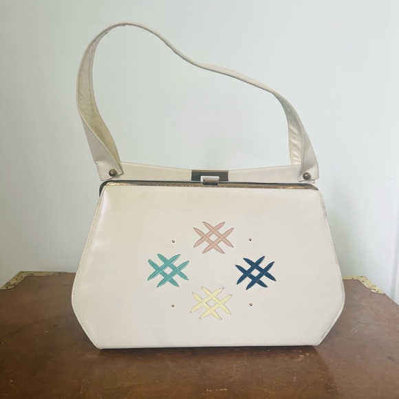 Vintage | Bags | Vintage Top Handle Leather Kitschy Ecru Handbag 96s ...